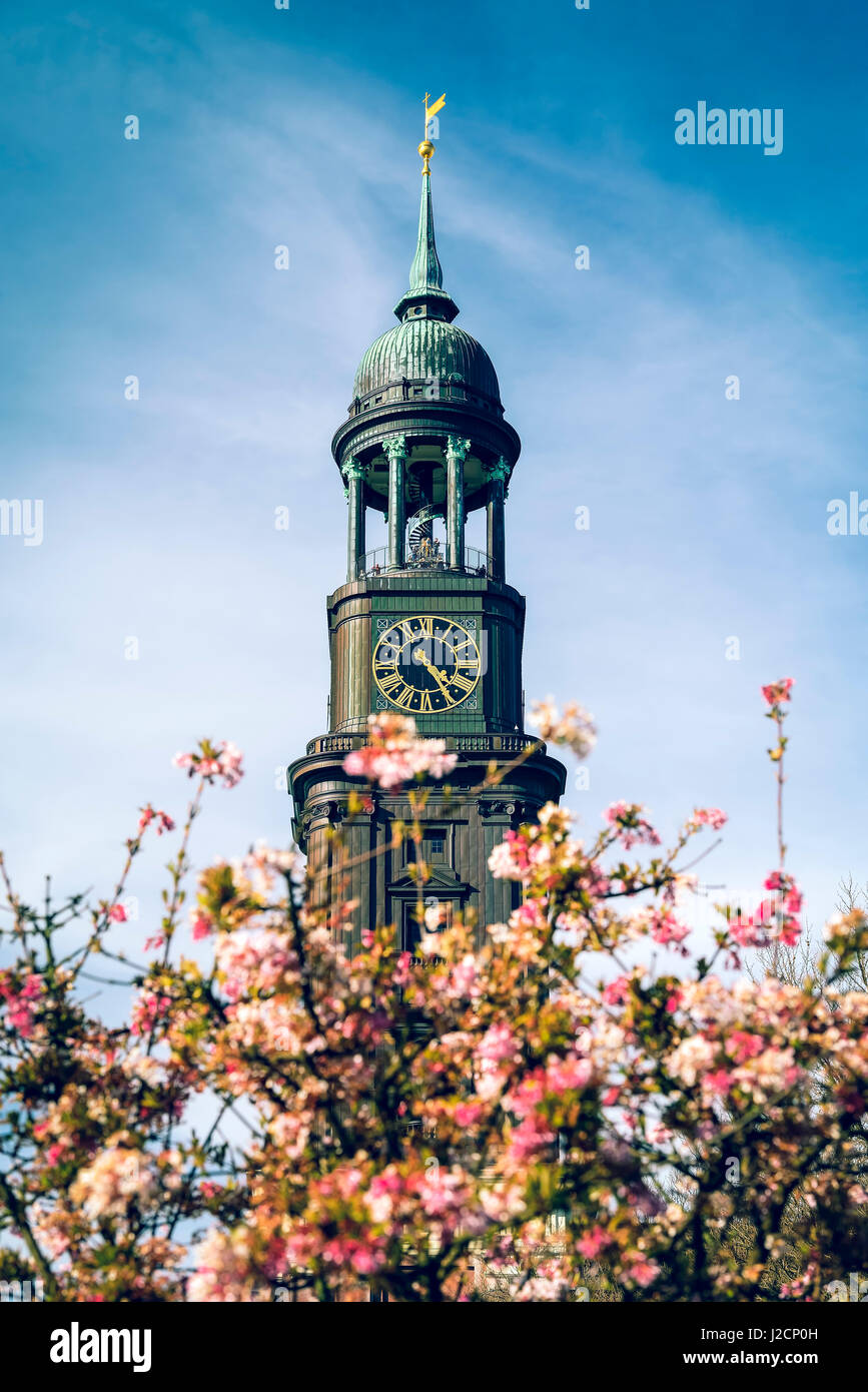 Spring blossom and st michaels church in hamburg hi-res stock ...