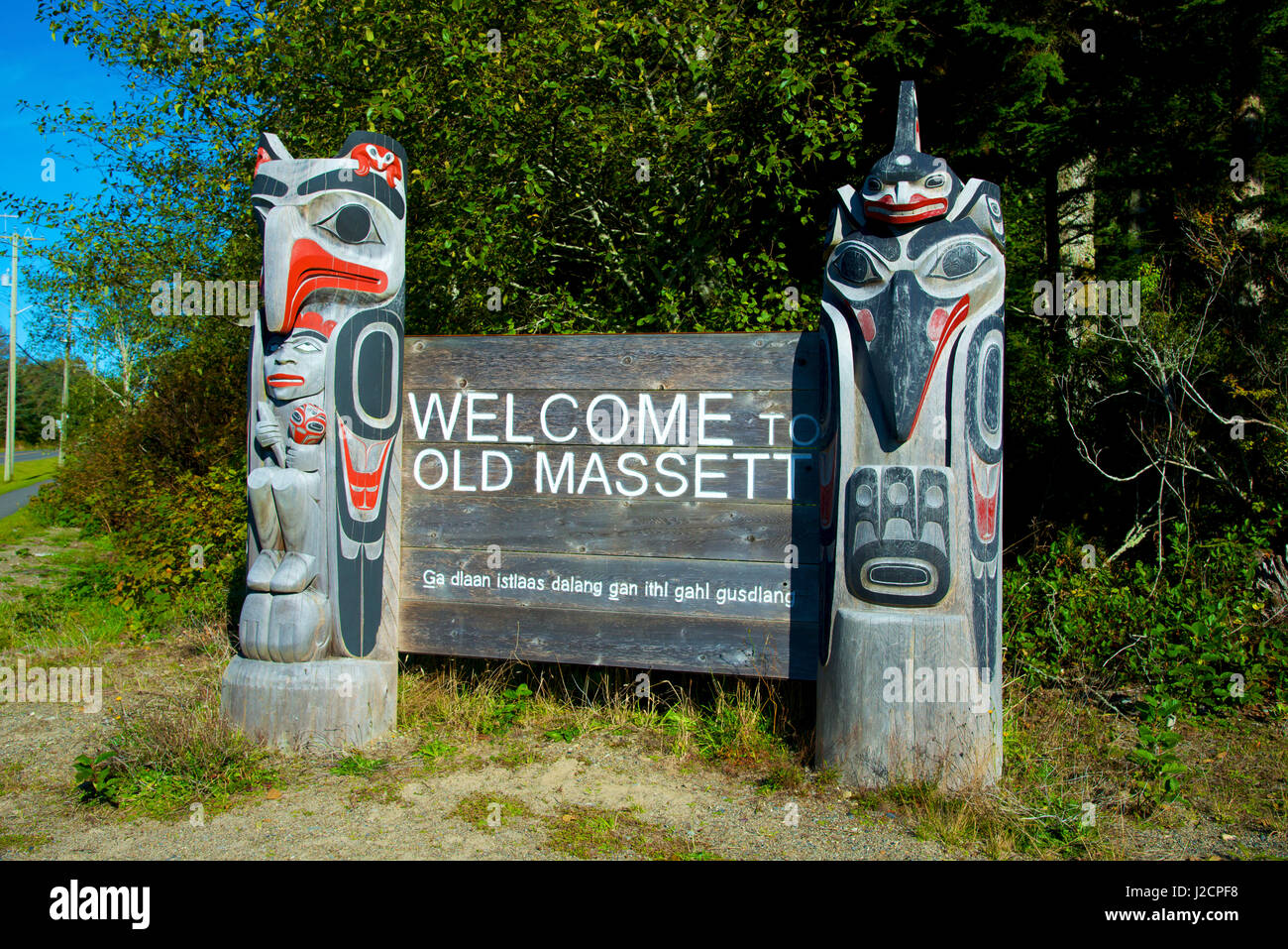 Haida Gwaii Islands, British Columbia. Old Masset welcome sign. (Large ...