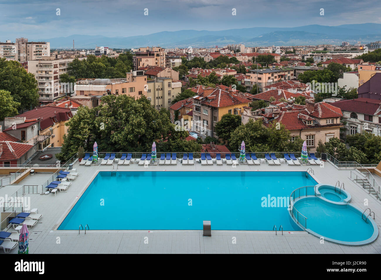 Bulgaria, Southern Mountains, Plovdiv, swimming pool, elevated view ...