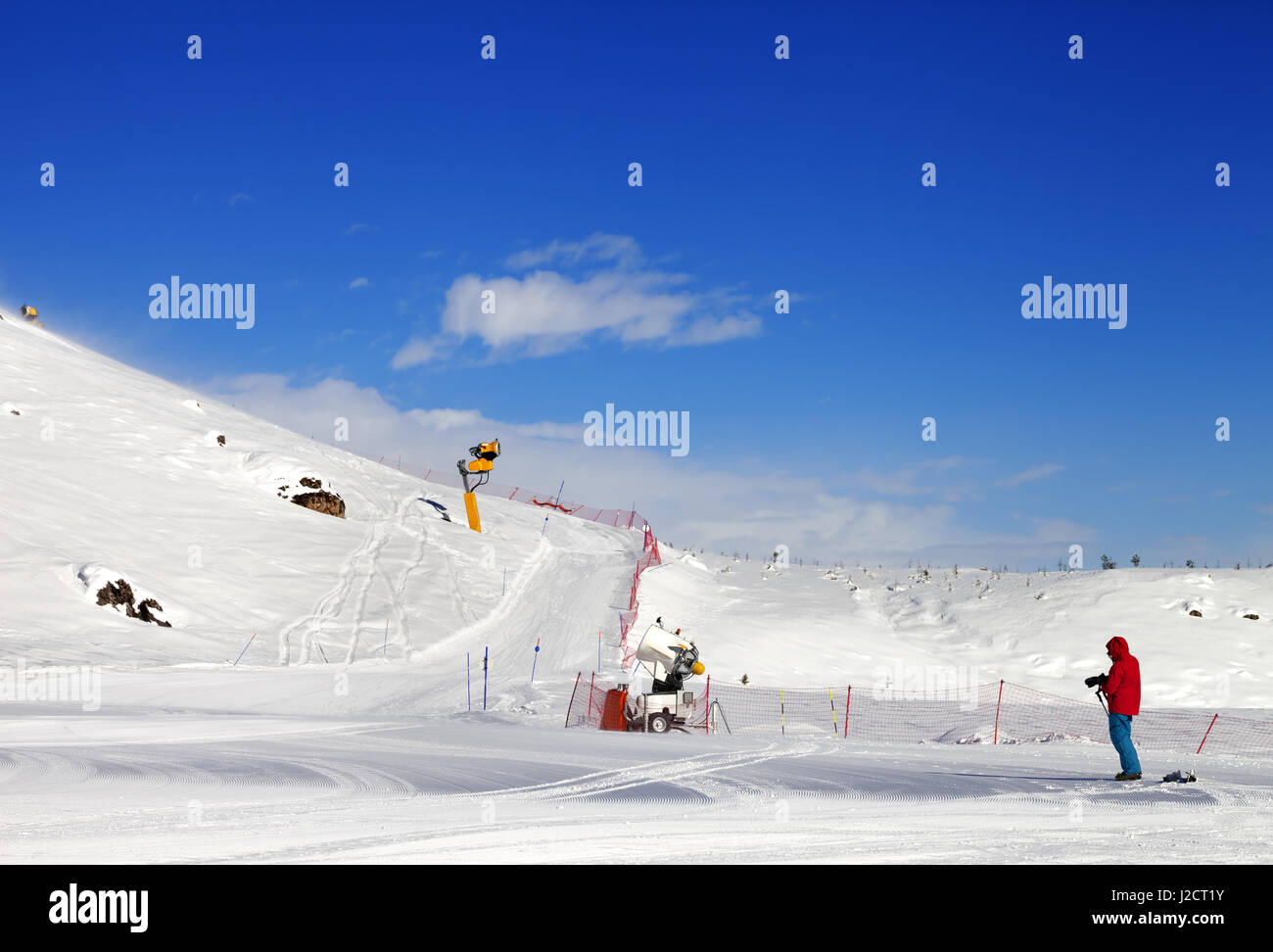 Skier on snow ski slope at sun day. Greater Caucasus, Shahdagh ...