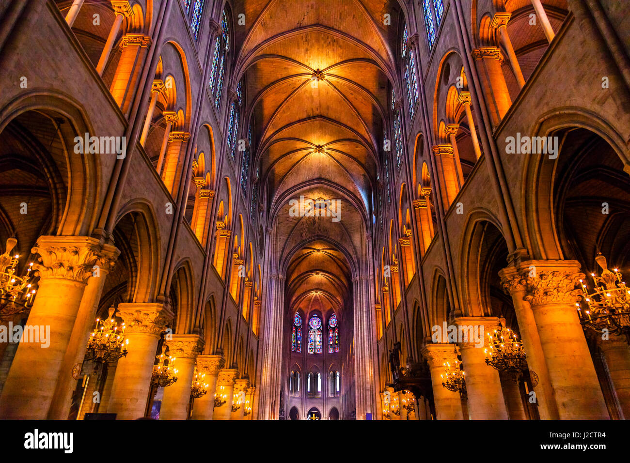 Interior, Gothic stained glass, Notre Dame Cathedral, Paris, France ...