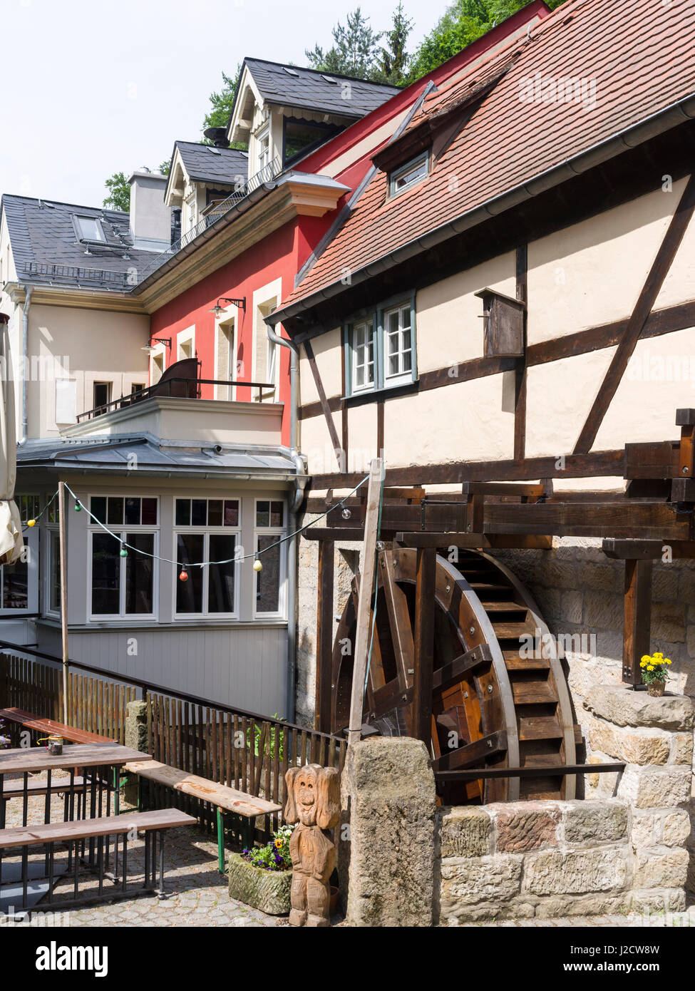 Traditional half-timbered buildings in the village of Schmilka in ...