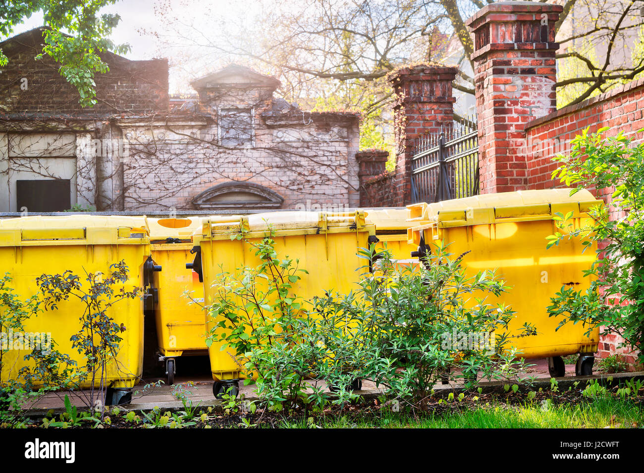 yellow dumpster standing on an inner yard Stock Photo - Alamy