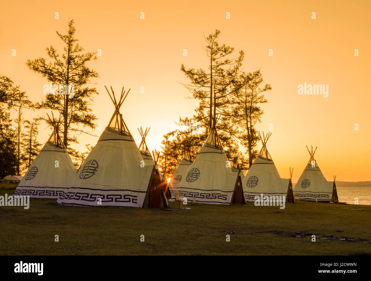 Teepees at sunrise, Lake Hovsgol, Mongolia Stock Photo - Alamy