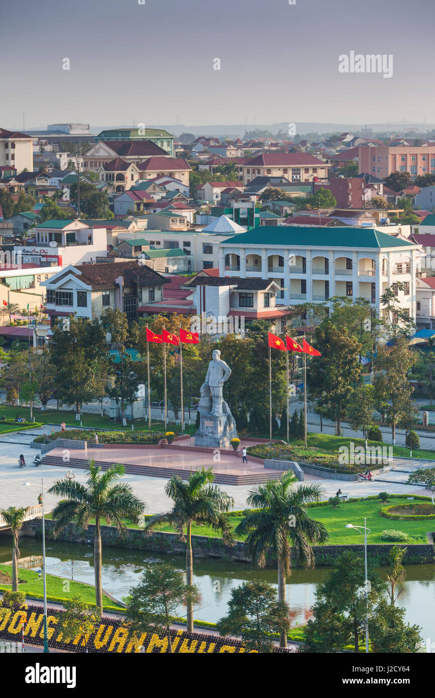 Vietnam, DMZ Area. Dong Ha, elevated city view, with Ho Chi Minh statue ...