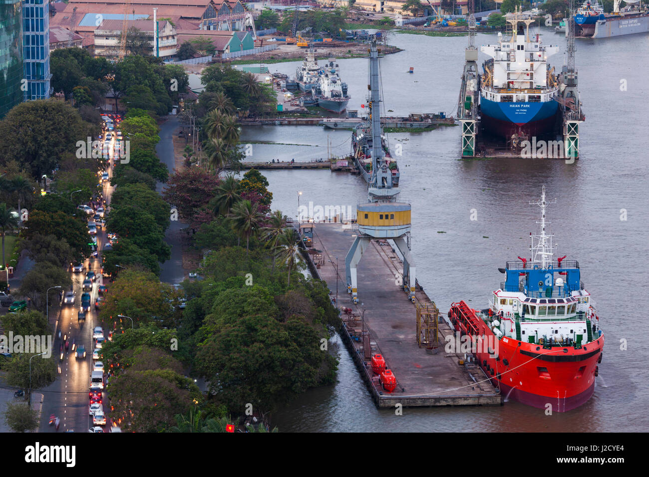 Vietnam, Ho Chi Minh City. Elevated view of Saigon River and shipyard ...