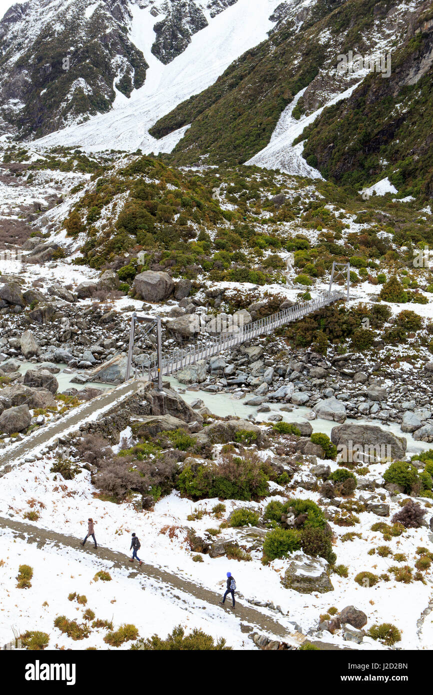 A suspension bridge on the Hooker Valley Track in Mt. Cook National ...