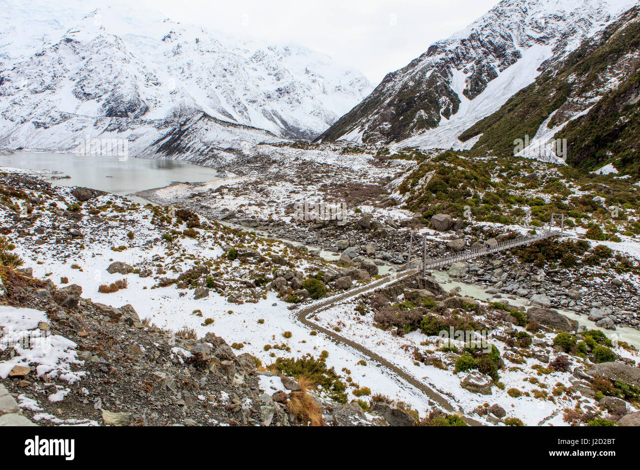 A suspension bridge on the Hooker Valley Track in Mt. Cook National ...