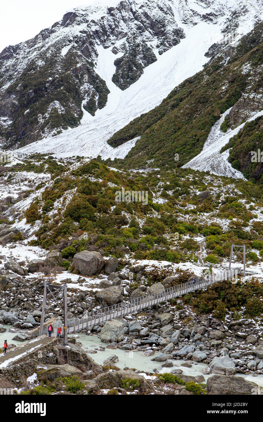 A suspension bridge on the Hooker Valley Track in Mt. Cook National ...