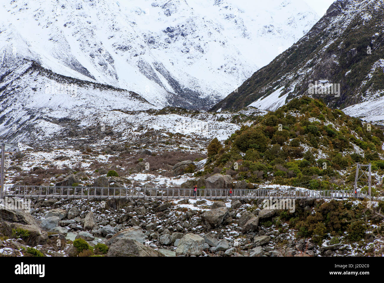 A suspension bridge on the Hooker Valley Track in Mt. Cook National ...