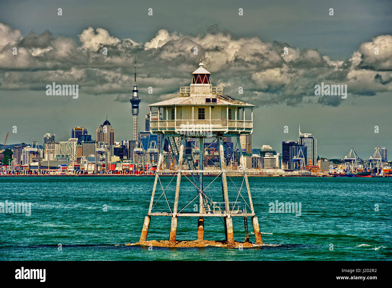 New Zealand, Auckland. View of Auckland skyline and Bean Rock ...