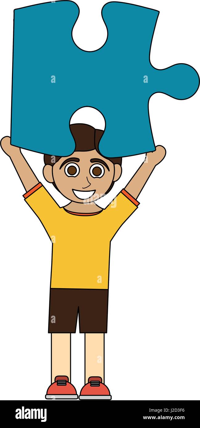 colorful caricature boy with blue puzzle piece up Stock Vector Image ...