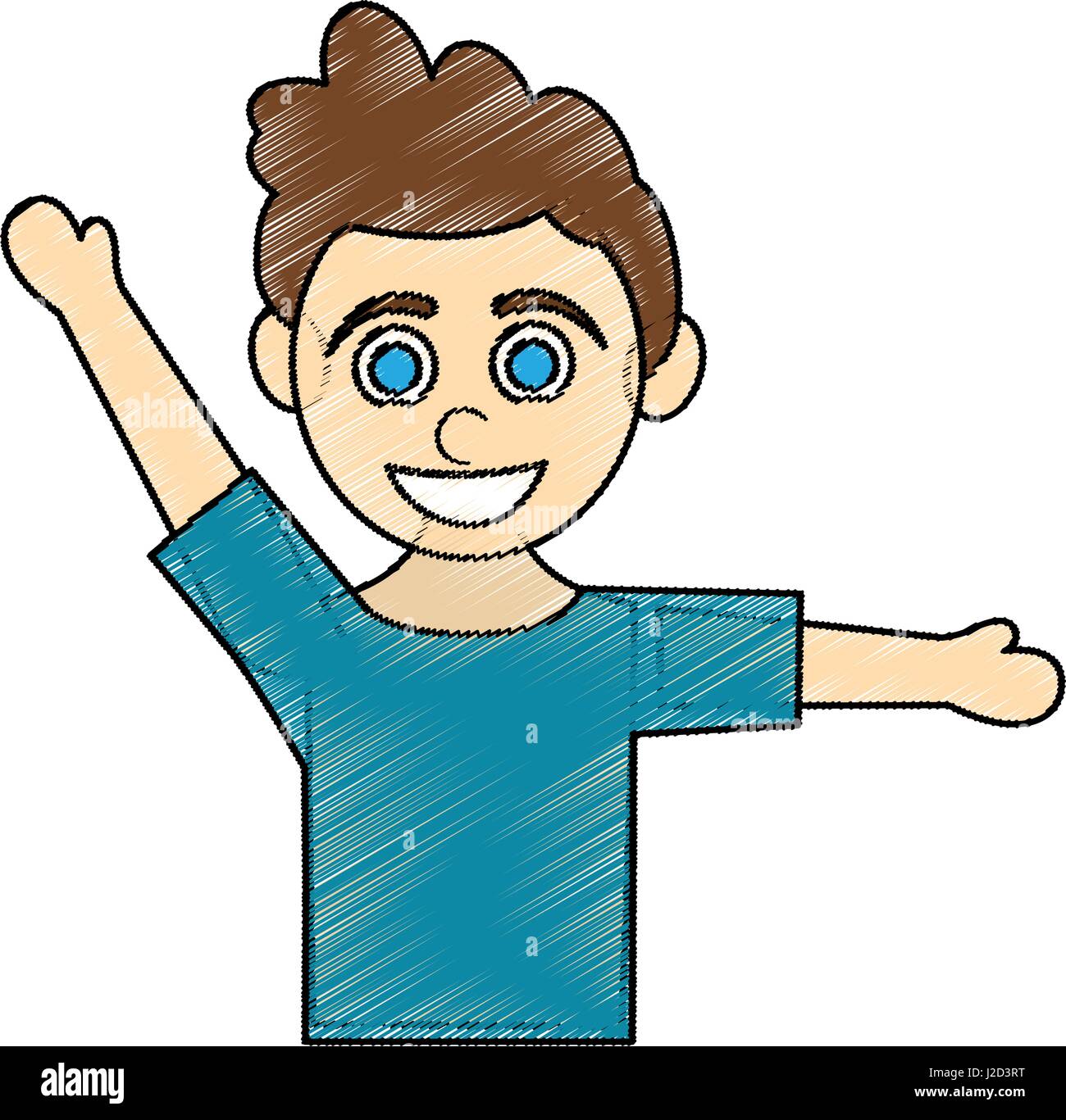 color pencil caricature half body boy with open arms up and curly hair ...