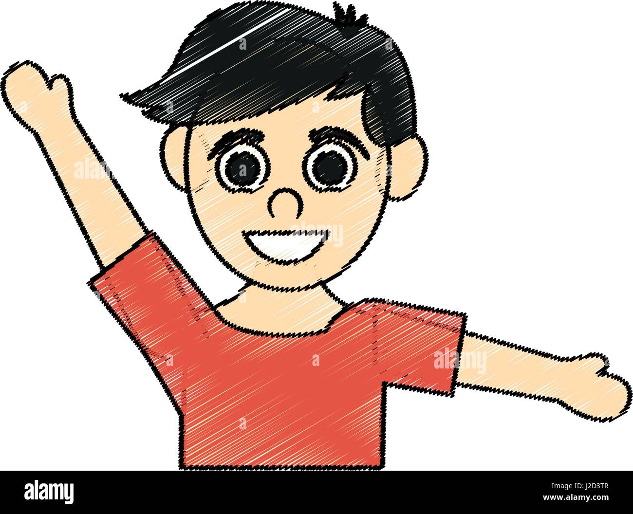 color pencil caricature half body boy with open arms up and short hair ...