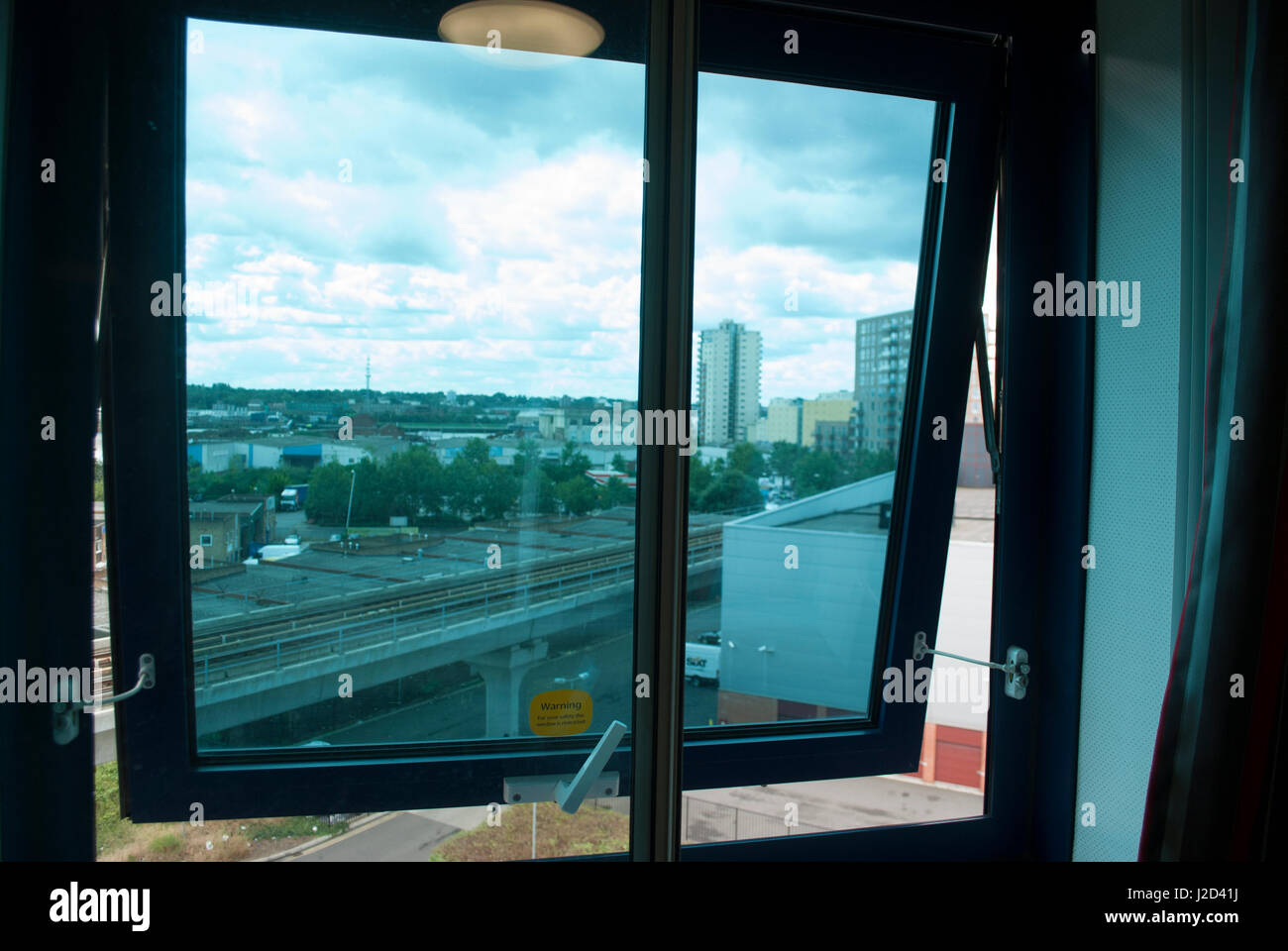 View through hotel window at the DLR Docklands Light Railway Stock ...