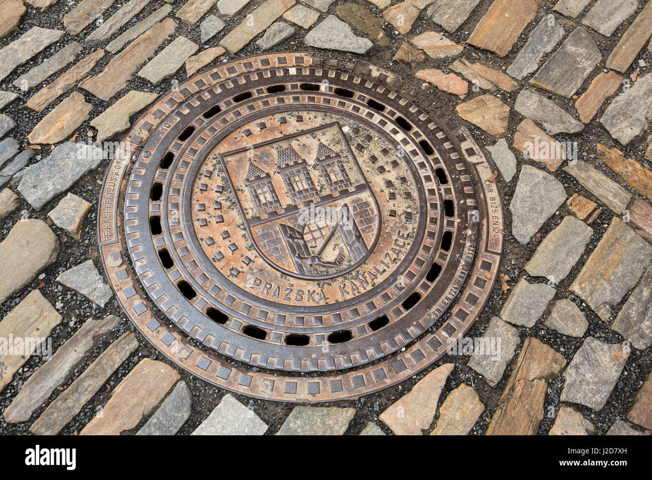 Europe, Czech Republic, Prague. Manhole cover in Golden Lane at Prague ...