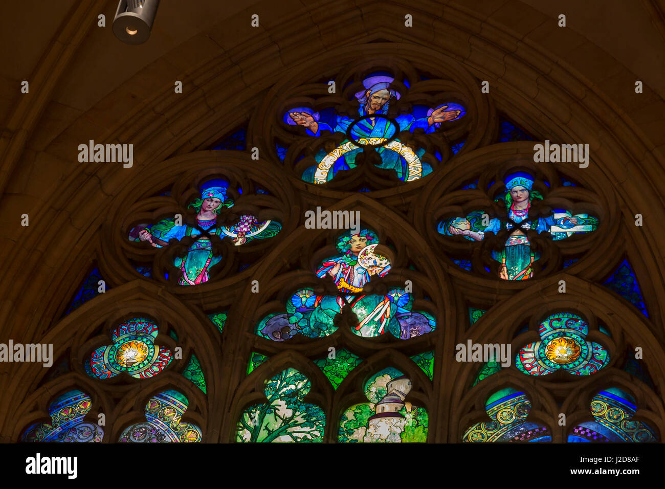 Czech Republic, Prague. Stained glass window in St. Vitus Cathedral ...