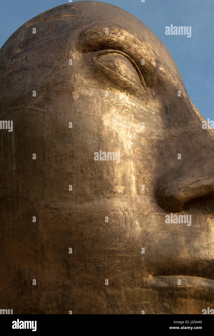 France, Paris. Metal statue of face in Luxembourg Garden. Credit as ...