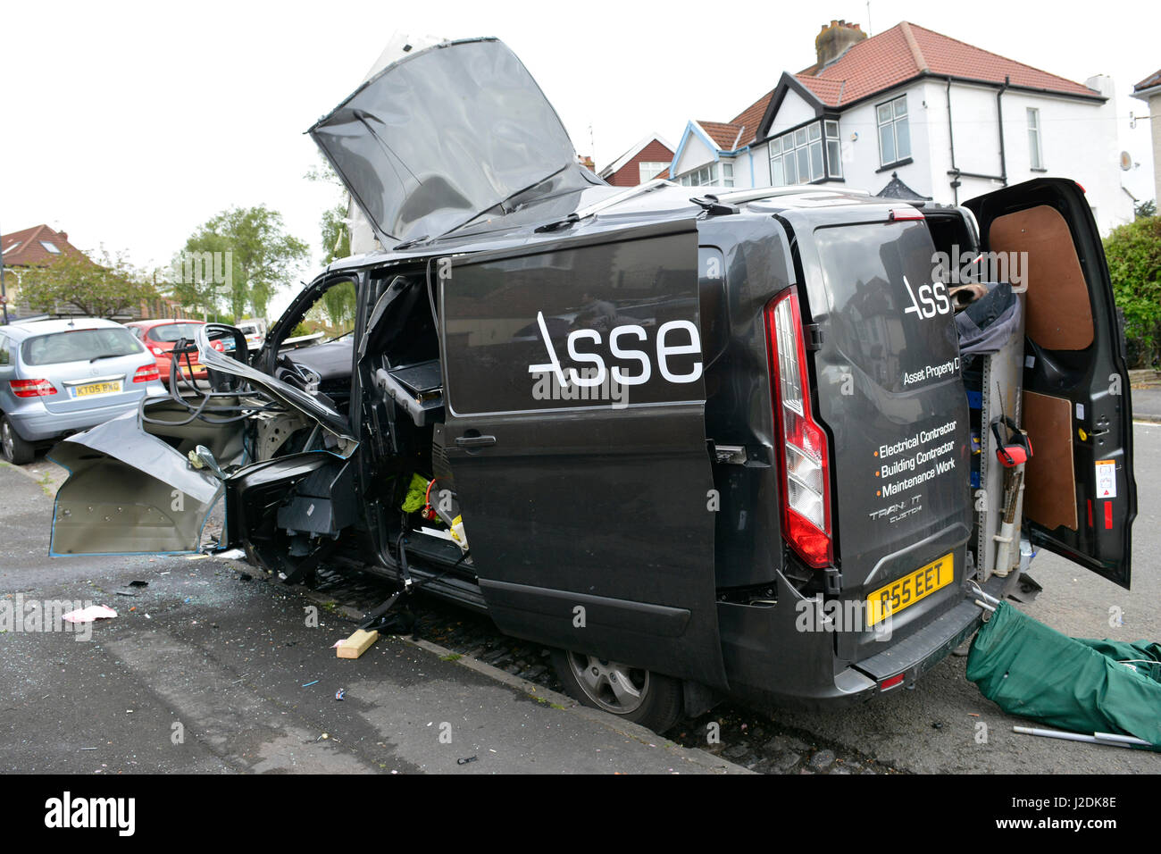 Bristol, UK. 28th April, 2017. Van ripped apart by gas bottle .The ...