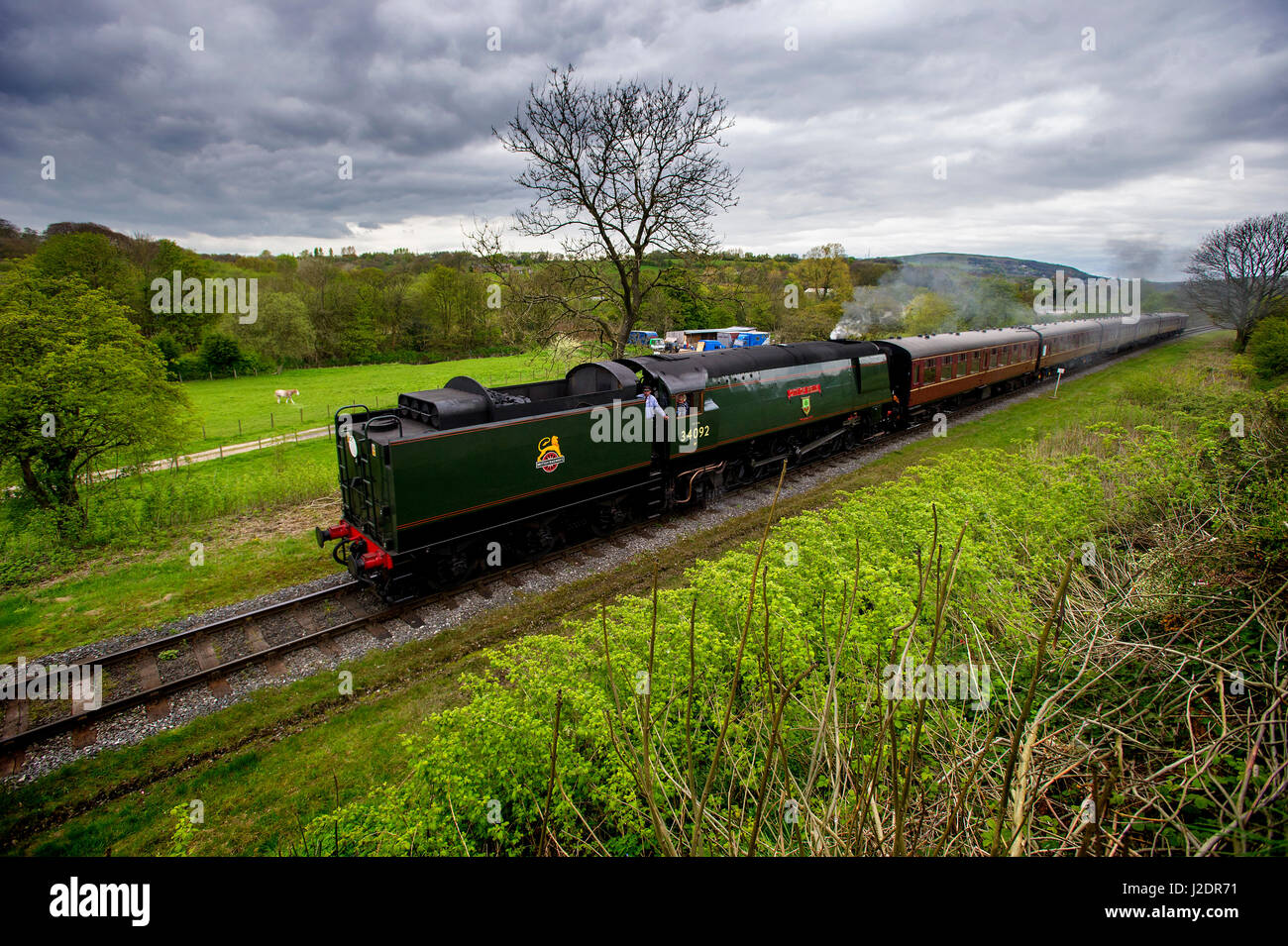 Irwell Vale, UK. 27th Apr, 2017. The City of Wells locomotive steams ...