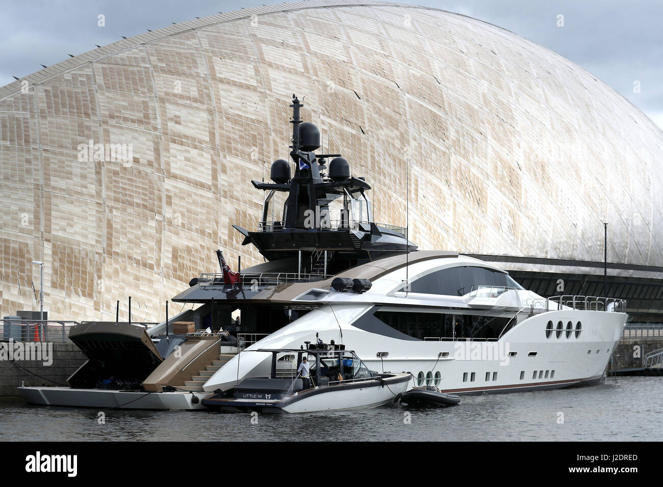 A general view of the superyacht LADY M moored next to the Glasgow ...
