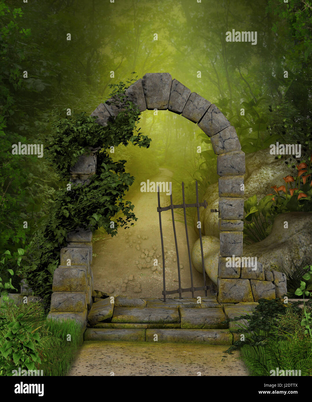 3D painting of a beautiful stone portal and a magic path through a lush ...