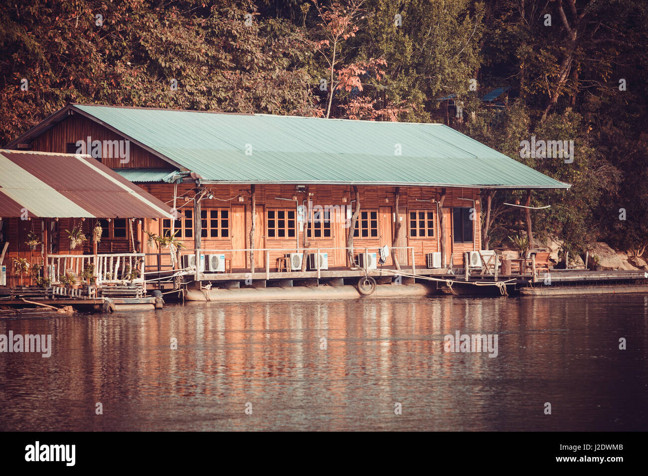 hotel on River Kwai in Kanchanaburi province, Thailand. Floating houses ...