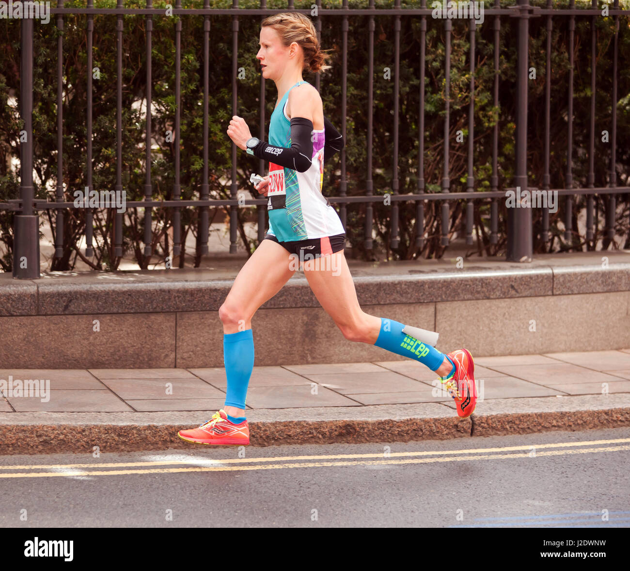 Tracy Barlow running for Great Britain in the 2017 London Marathon. She ...