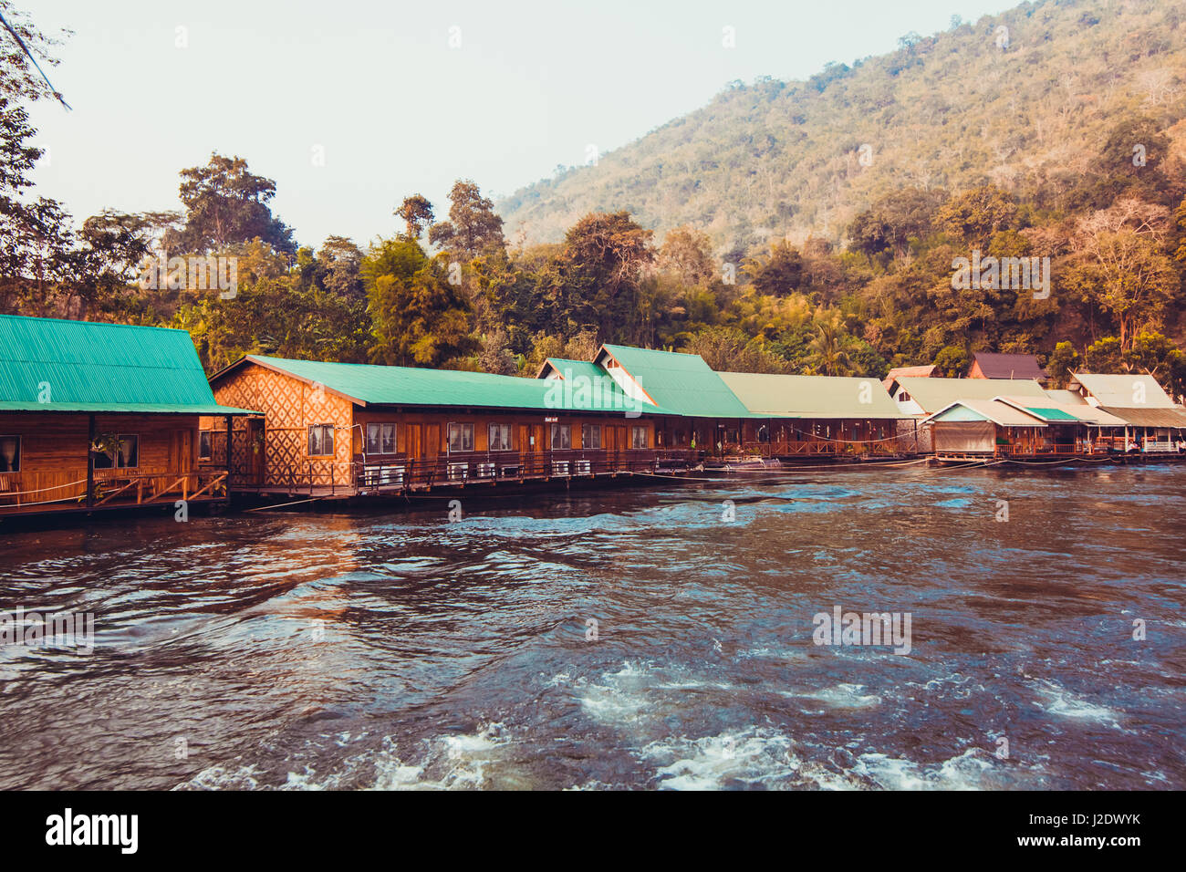 hotel on River Kwai in Kanchanaburi province, Thailand. Floating houses ...
