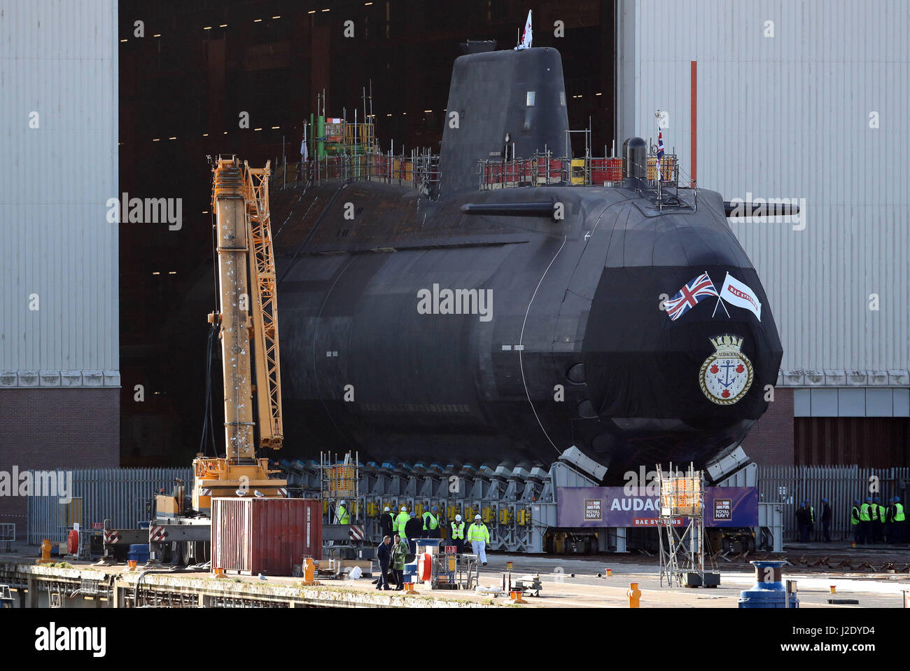 HMS Audacious is taken out of it's indoor ship building complex at BAE ...
