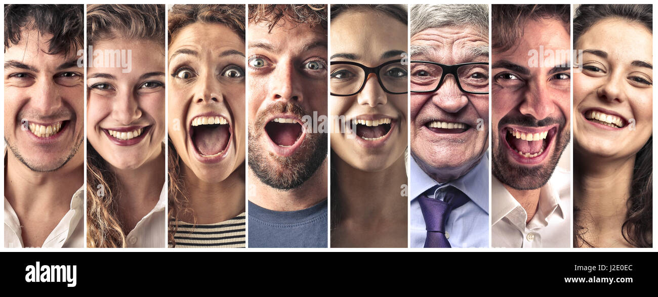 Collage of 8 laughing people Stock Photo - Alamy
