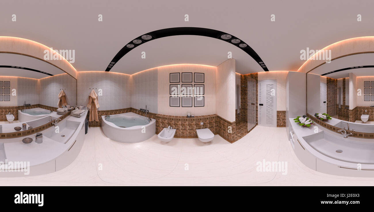 3d illustration spherical 360 degrees, seamless panorama of bathroom ...