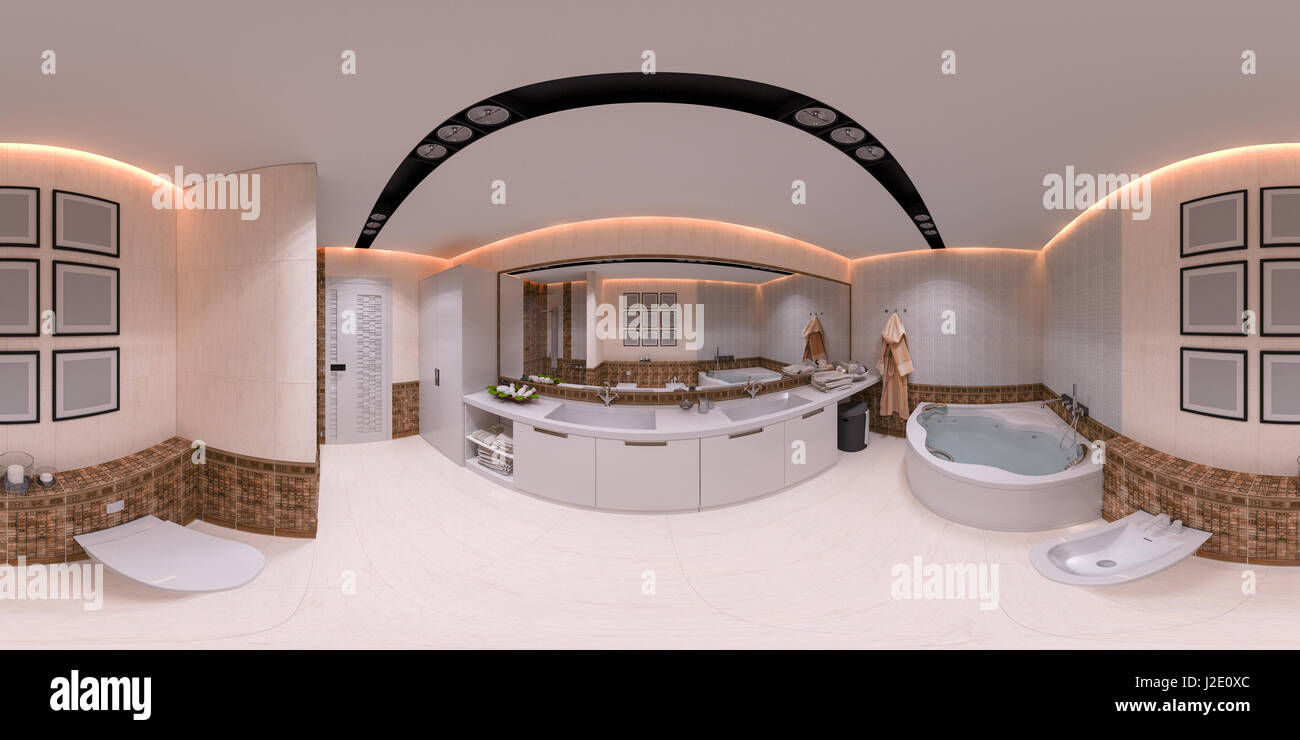 3d illustration spherical 360 degrees, seamless panorama of bathroom ...