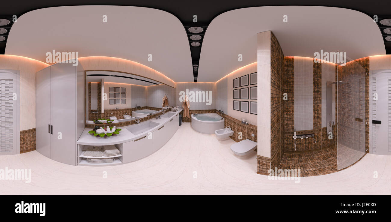 3d illustration spherical 360 degrees, seamless panorama of bathroom ...