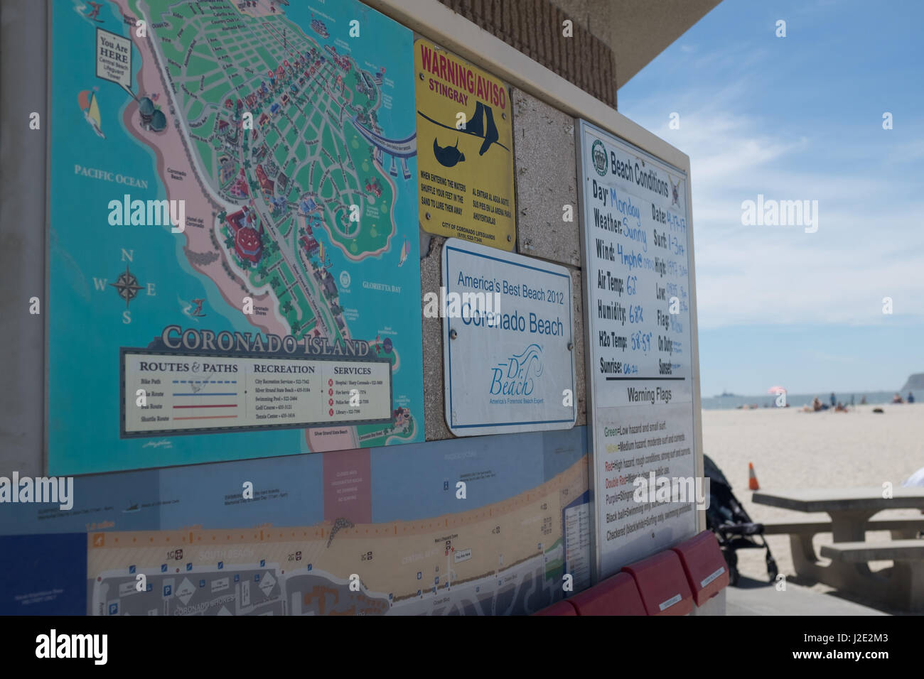 Board showing beach conditions at Coronado Beach, San Diego, California ...