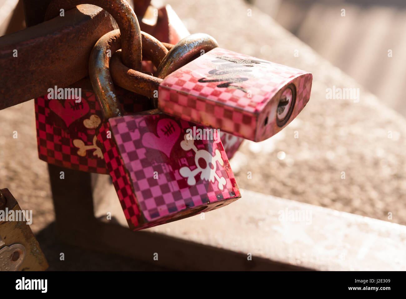 Pink love locks with skulls and crossbones Stock Photo - Alamy