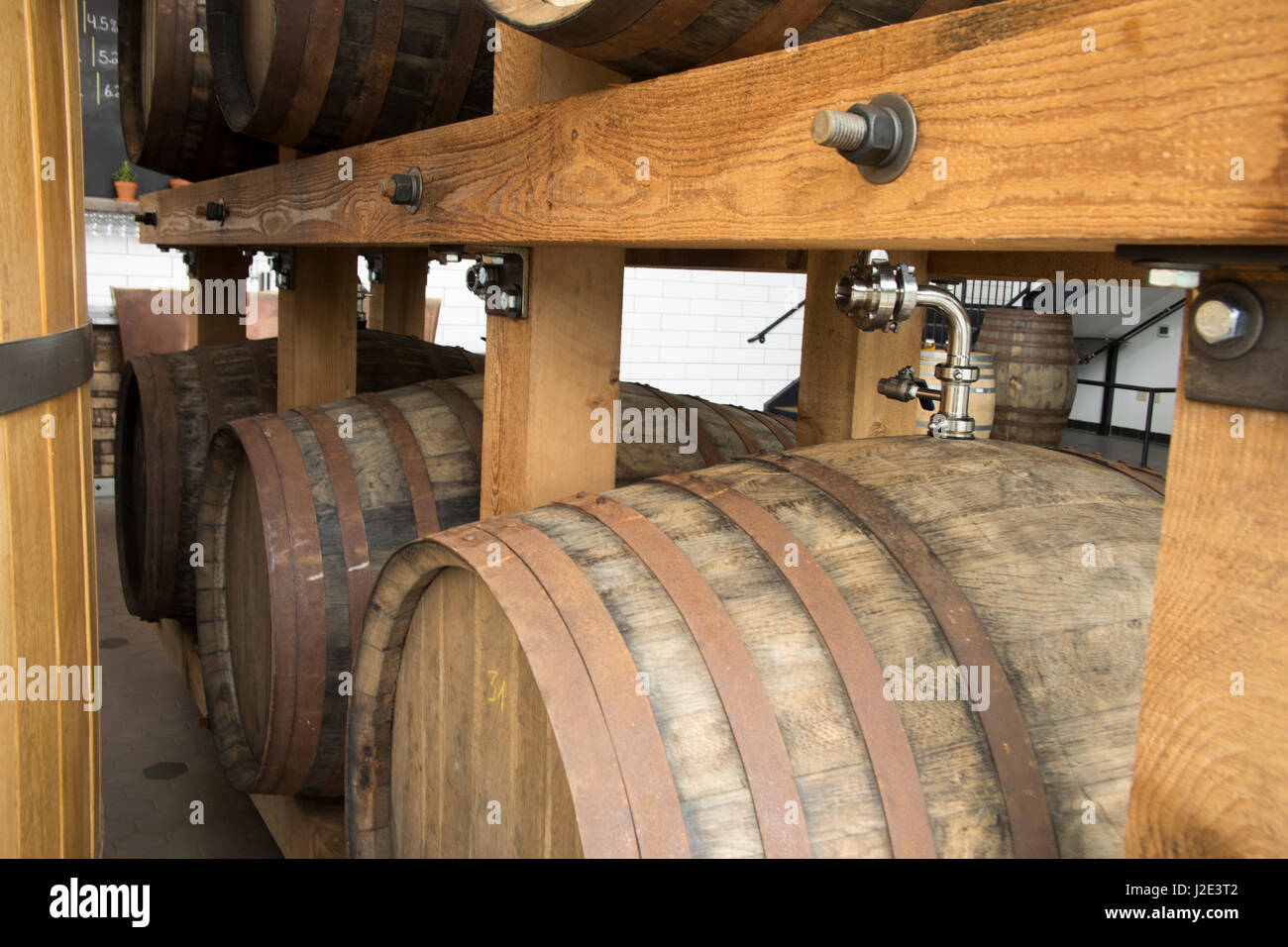 Taps on wooden beer kegs in rack Stock Photo - Alamy