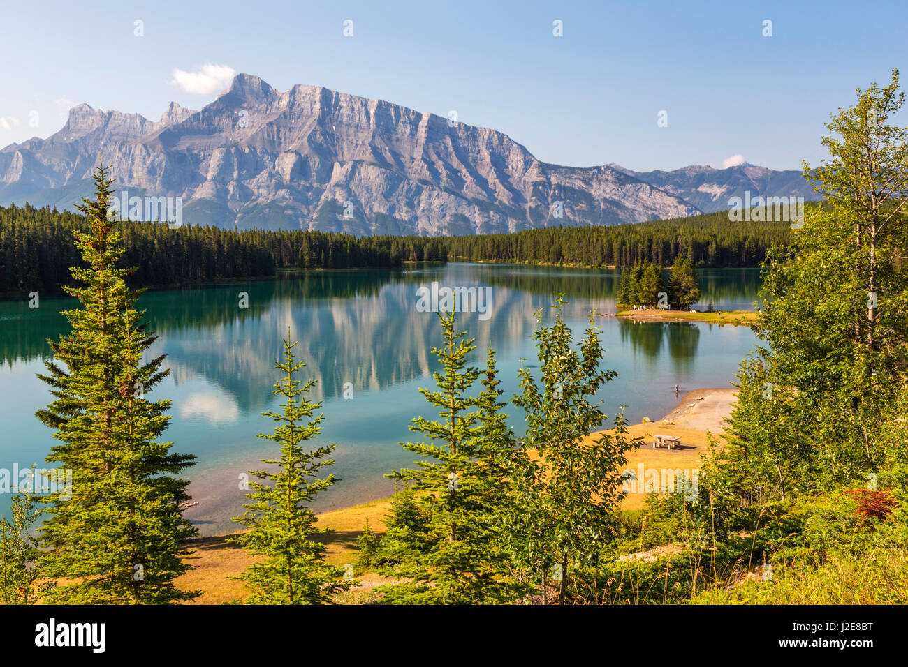 Canada, Alberta, Banff National Park, Two Jack Lake and Mount Rundle ...