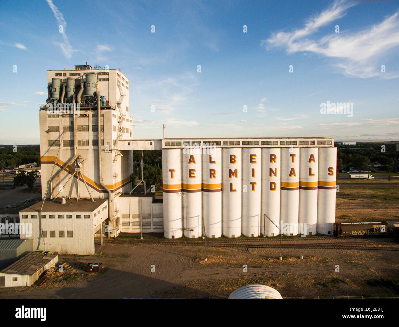 Canada, Alberta, Lethbridge, Aerial view of massive grain terminal on ...