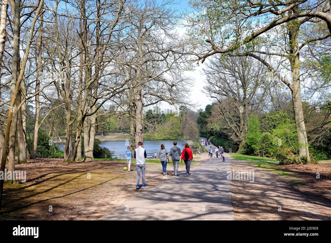 People enjoying a sunny spring day in Virginia Water royal park ...