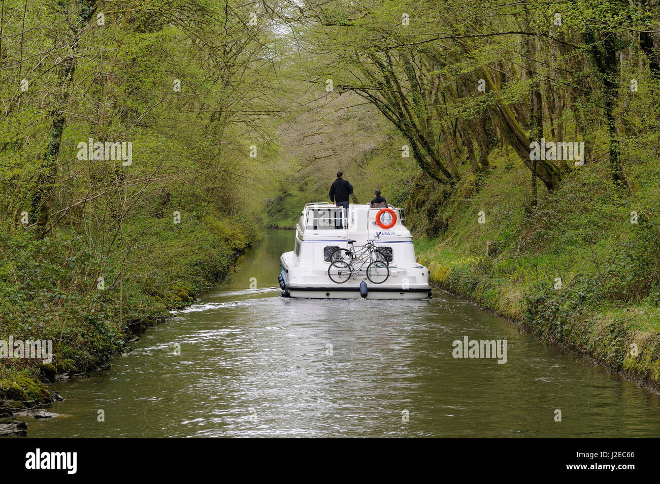 France, Burgundy, Nievre. Canal boat under a canopy of trees, Nivernais ...