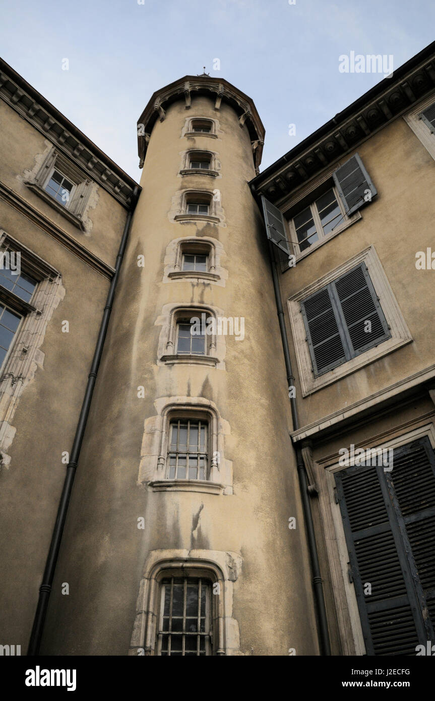 France, Rhone-Alpes, Lyon. Old building with round tower near Pont ...