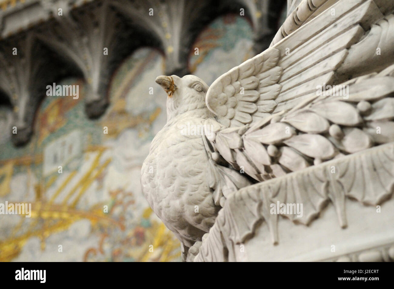France, Rhone-Alpes, Lyon. Bird carving on an interior column, Basilica ...