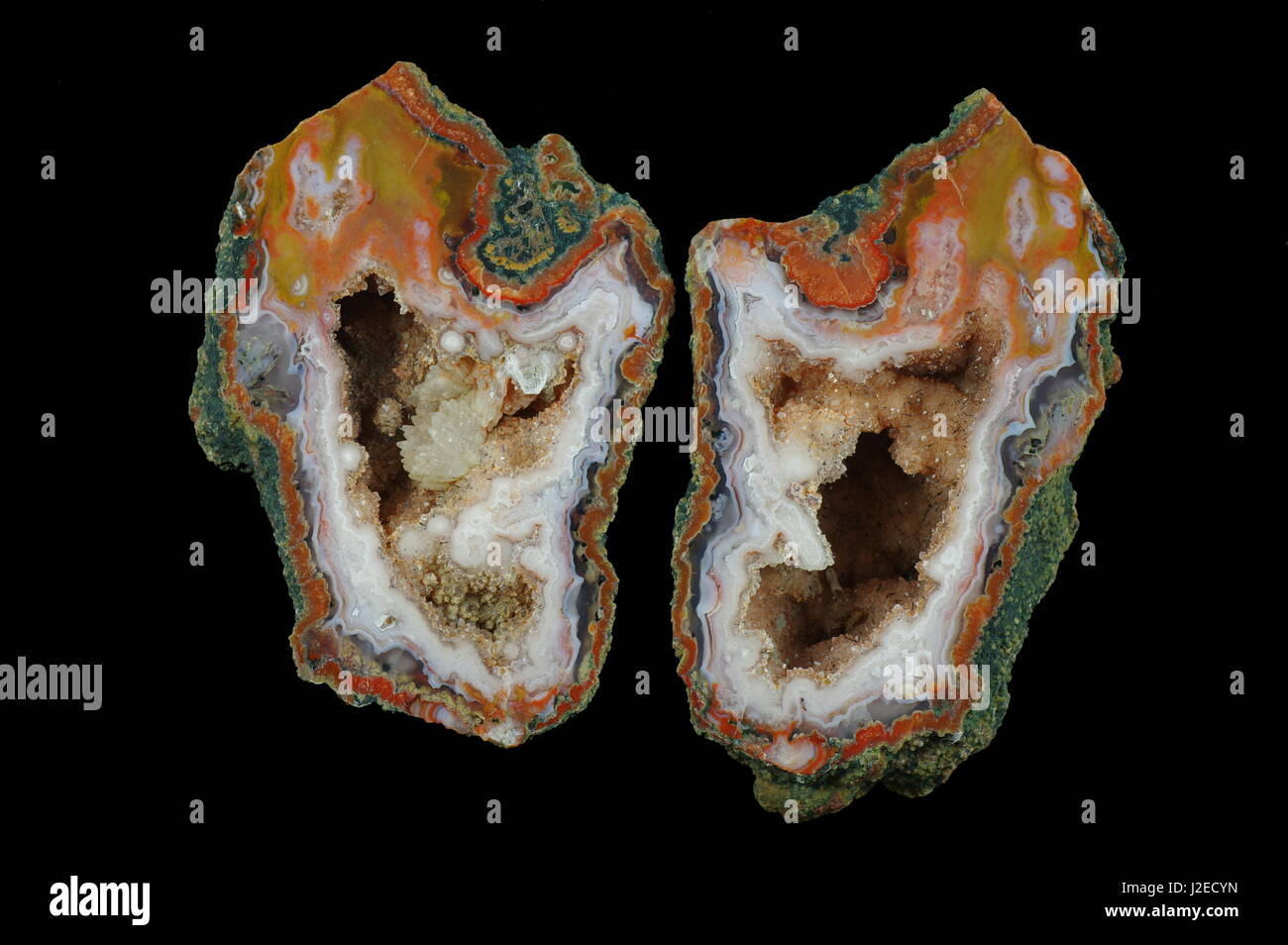 A cross section of the agate stone. Inside geode is a "calcite brush ...
