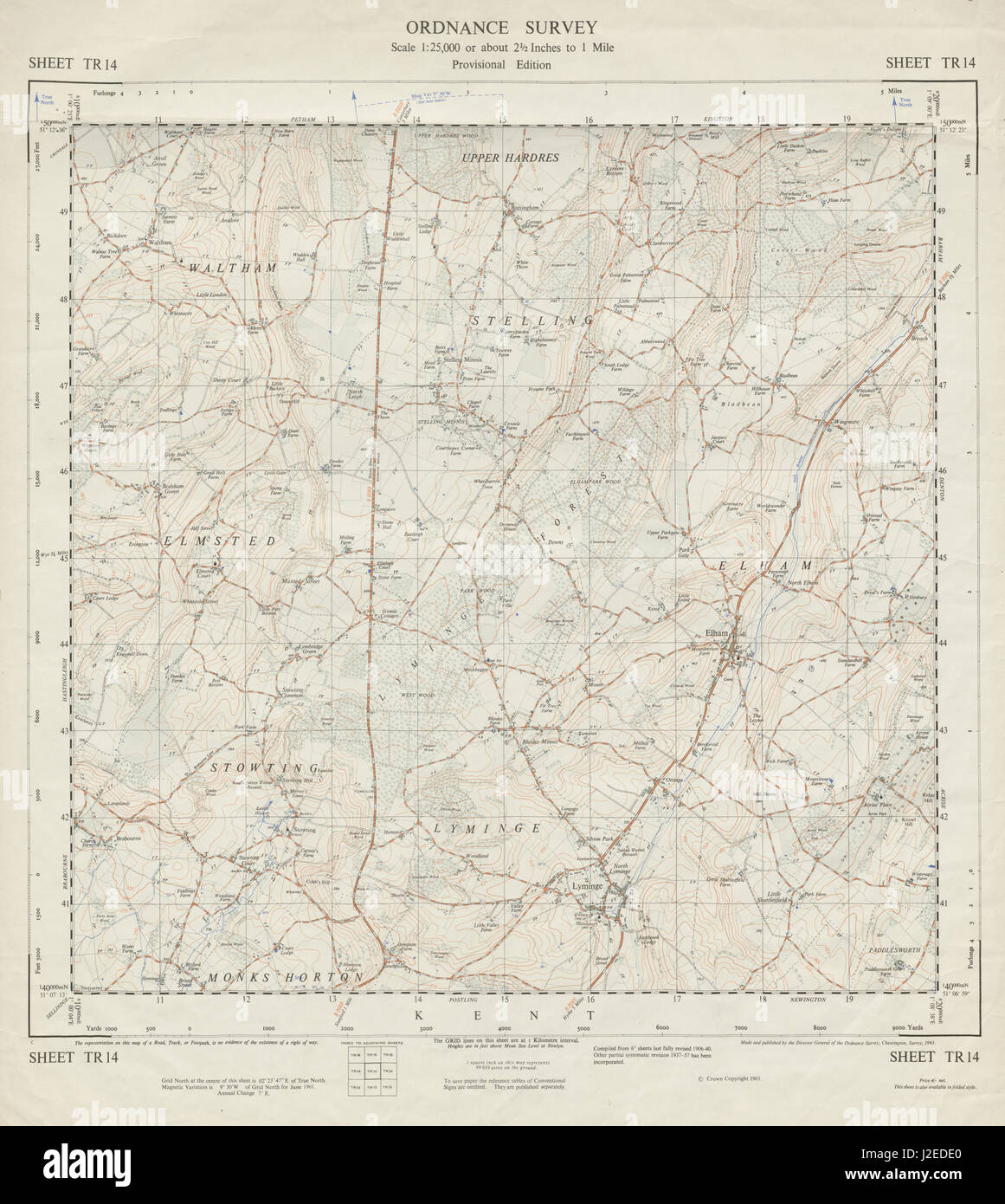 Vintage Ordnance Survey OS map sheet TR14 Stelling Elham Lyminge 1961 ...
