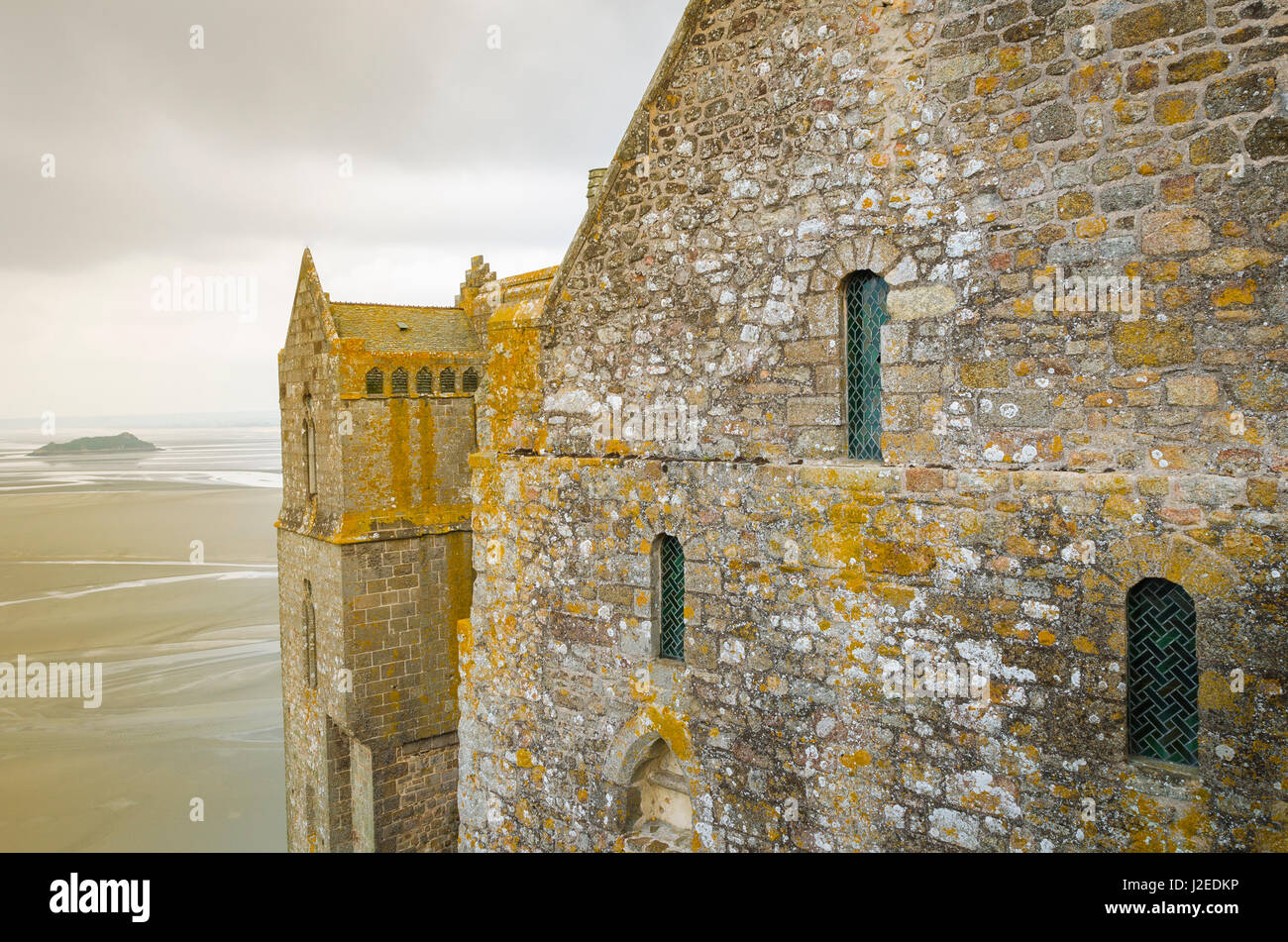 Abbey walls and bay, Mont Saint-Michel monastery, Normandy, France ...