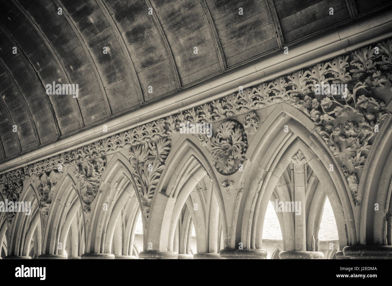 Arch detail in the abbey cloister, Mont Saint-Michel, Normandy, France ...