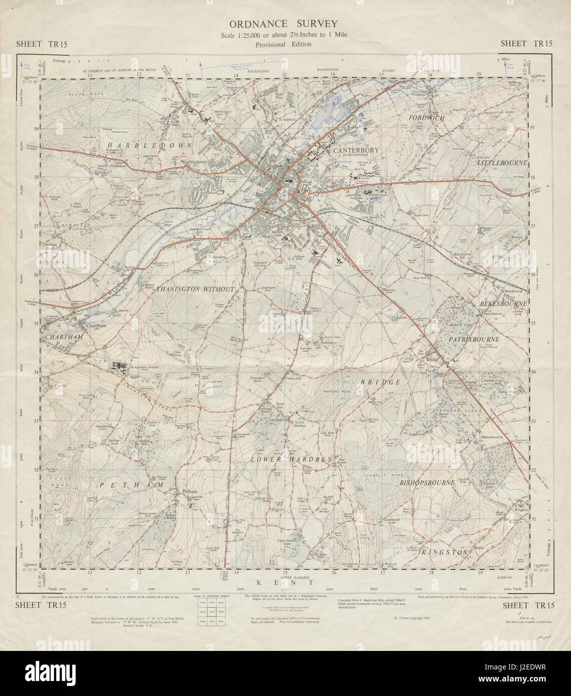 Vintage Ordnance Survey OS map sheet TR15 Canterbury Chartham 1961 old ...