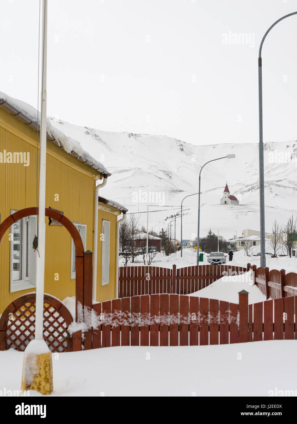 Traditional houses in Vik y Myrdal after a severe snow storm in winter ...