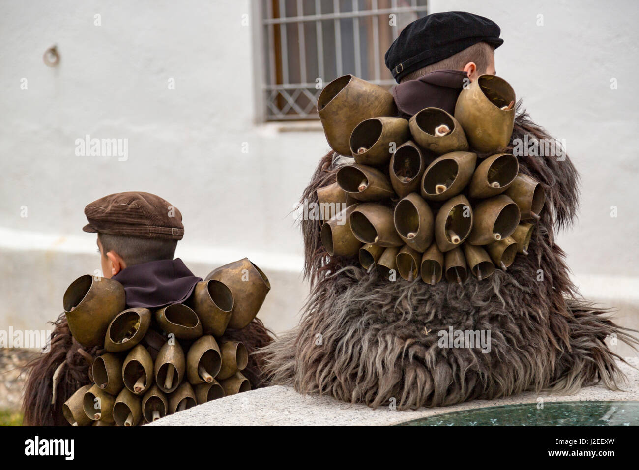 Italy, Sardinia, Mamoiada. Two boys dressed as Mamuthones for a ...